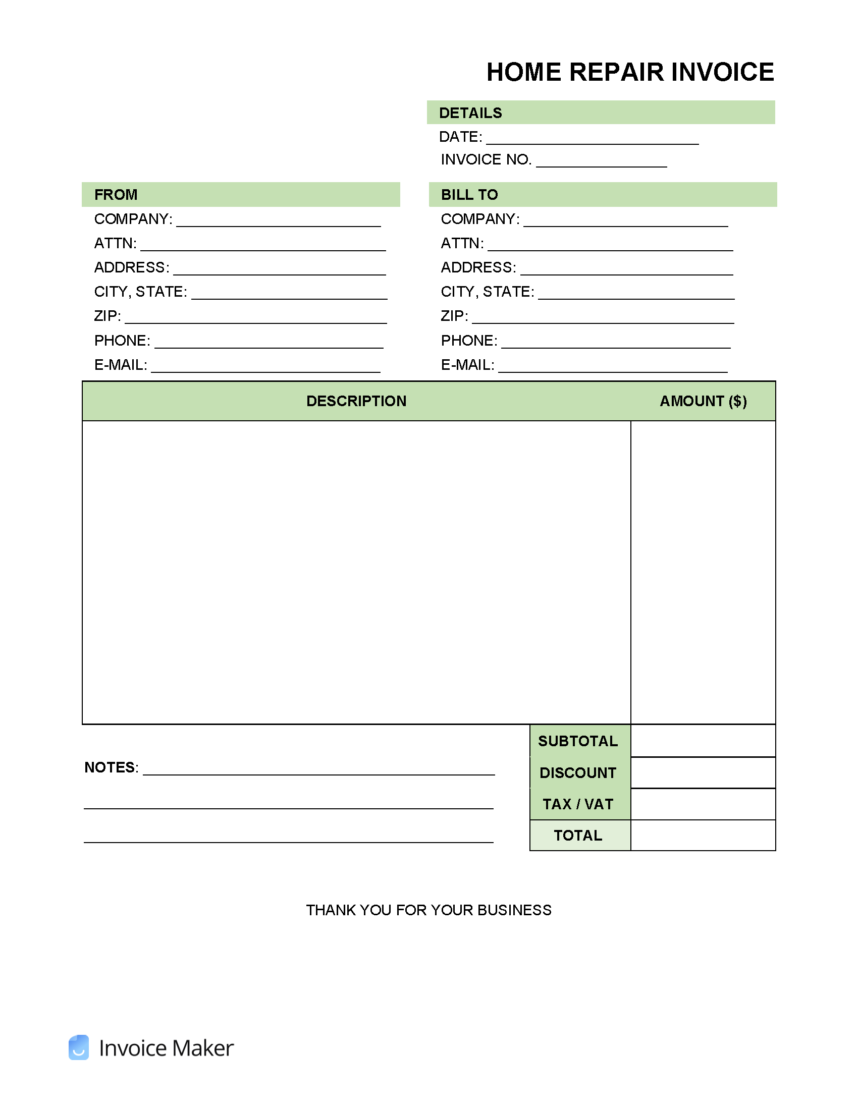 Home Repair Invoice Template Free Printable Templates
