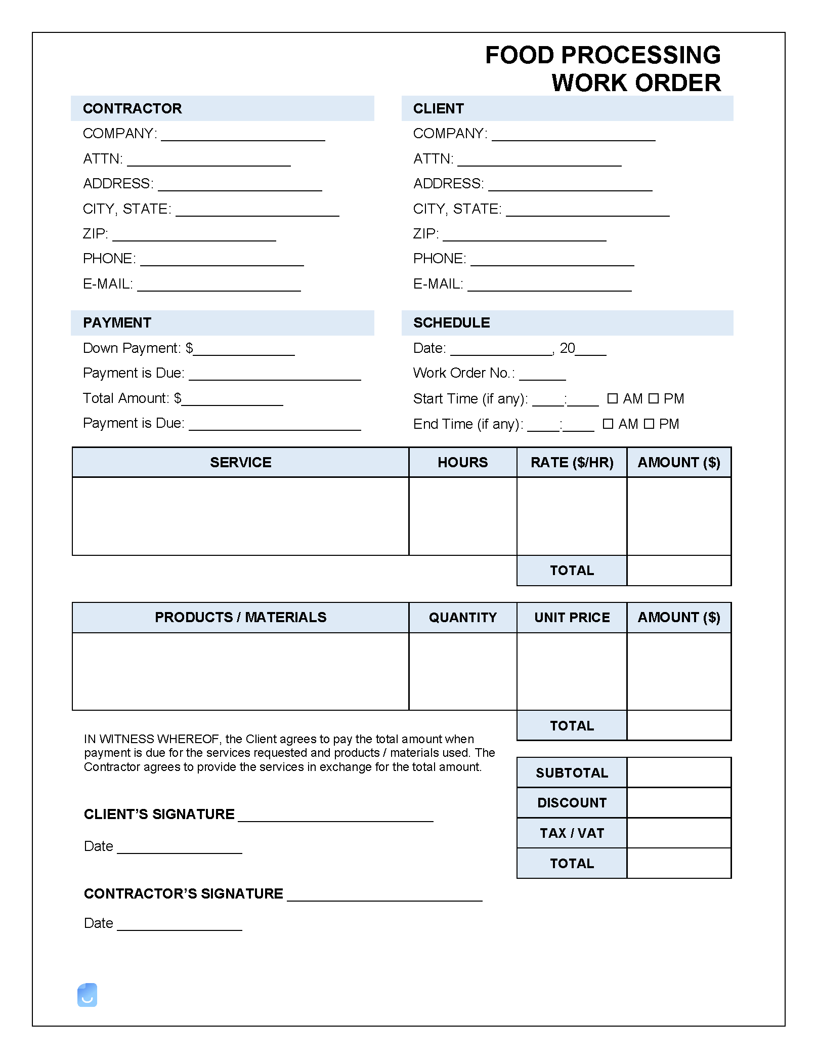 Food Processing Work Order Template | Invoice Maker