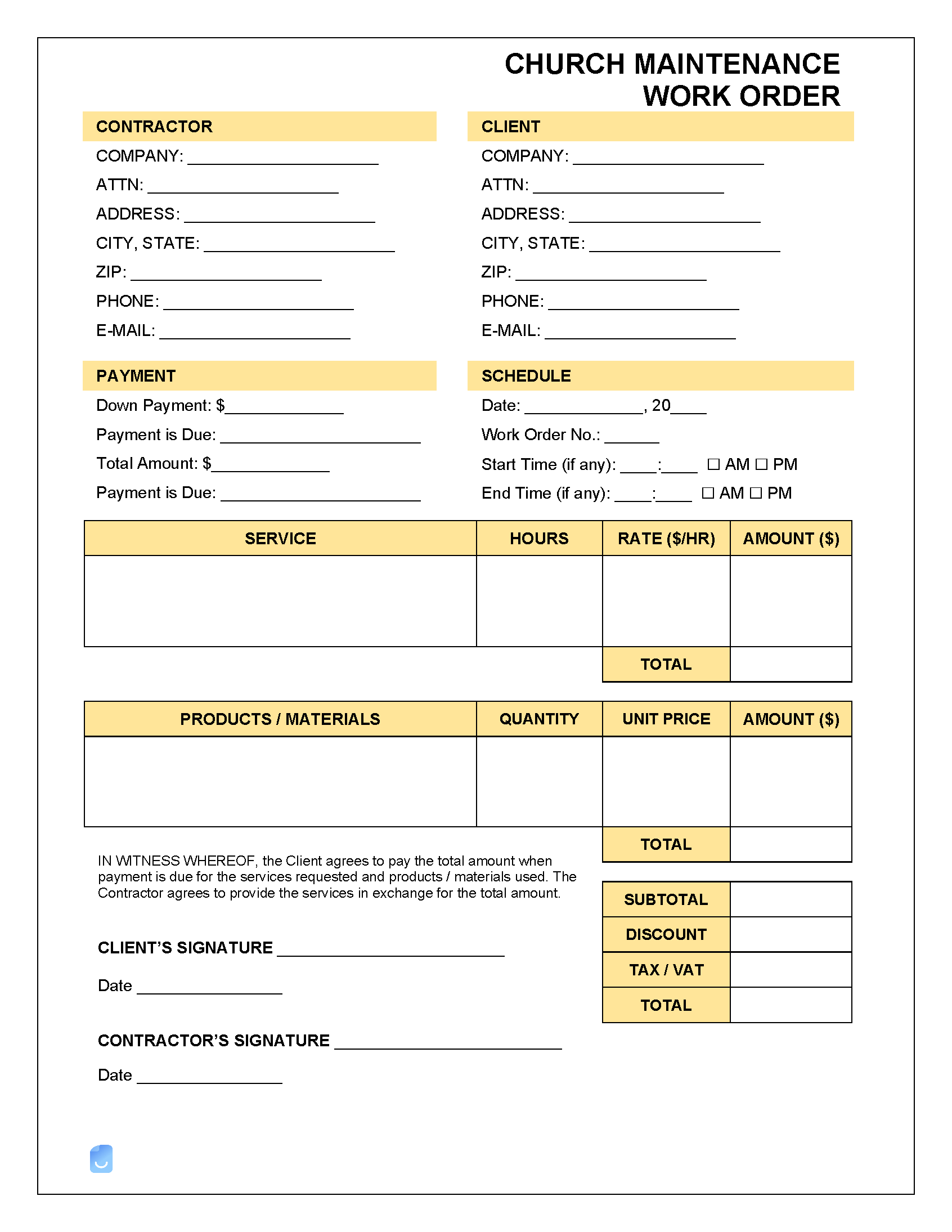 Church Maintenance Work Order Template | Invoice Maker
