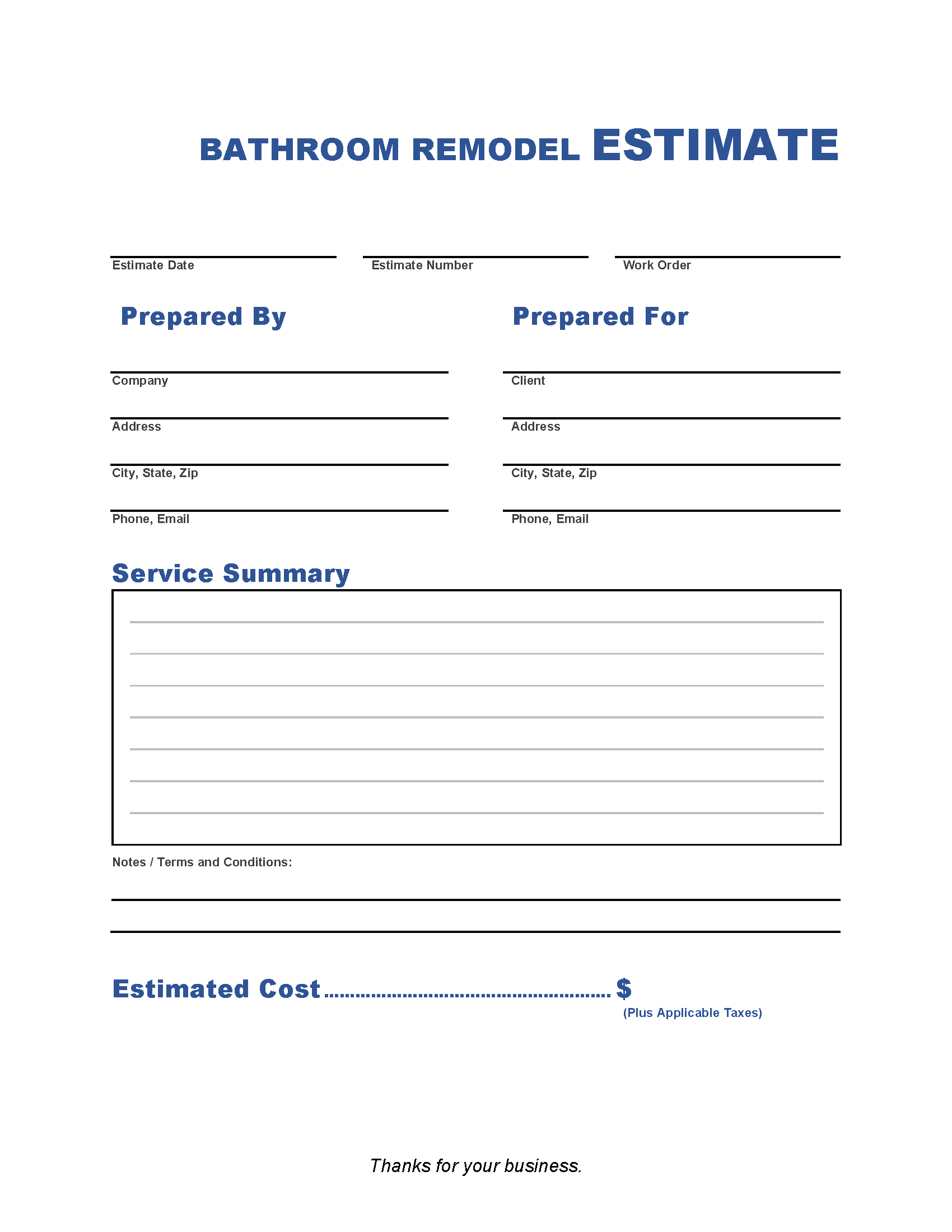 Bathroom Remodel Estimate Template Invoice Maker