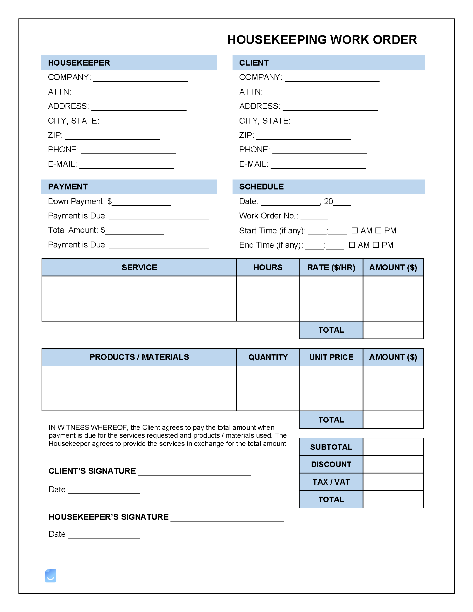 Housekeeping Service Work Order Template Invoice Maker