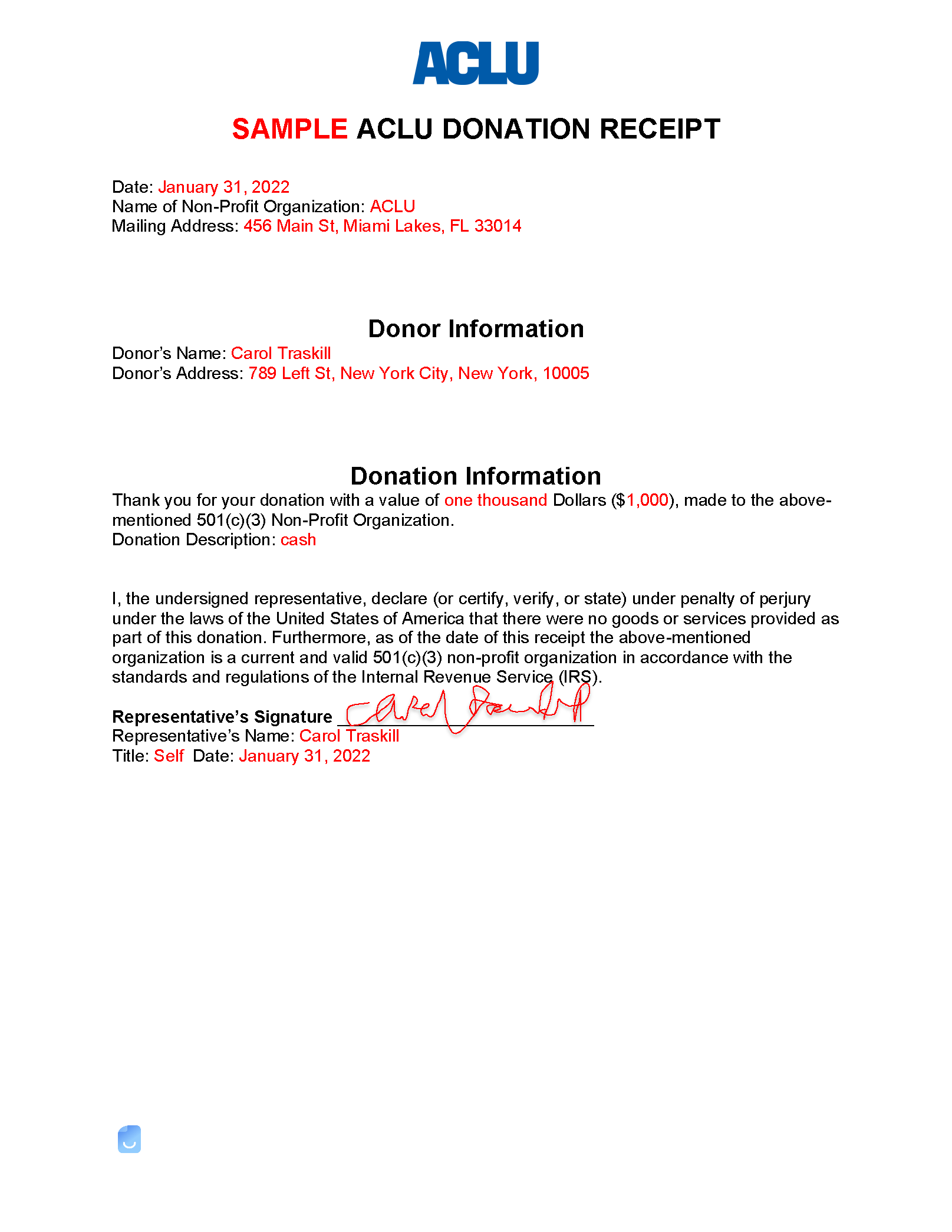 ACLU Donation Receipt Template | Invoice Maker