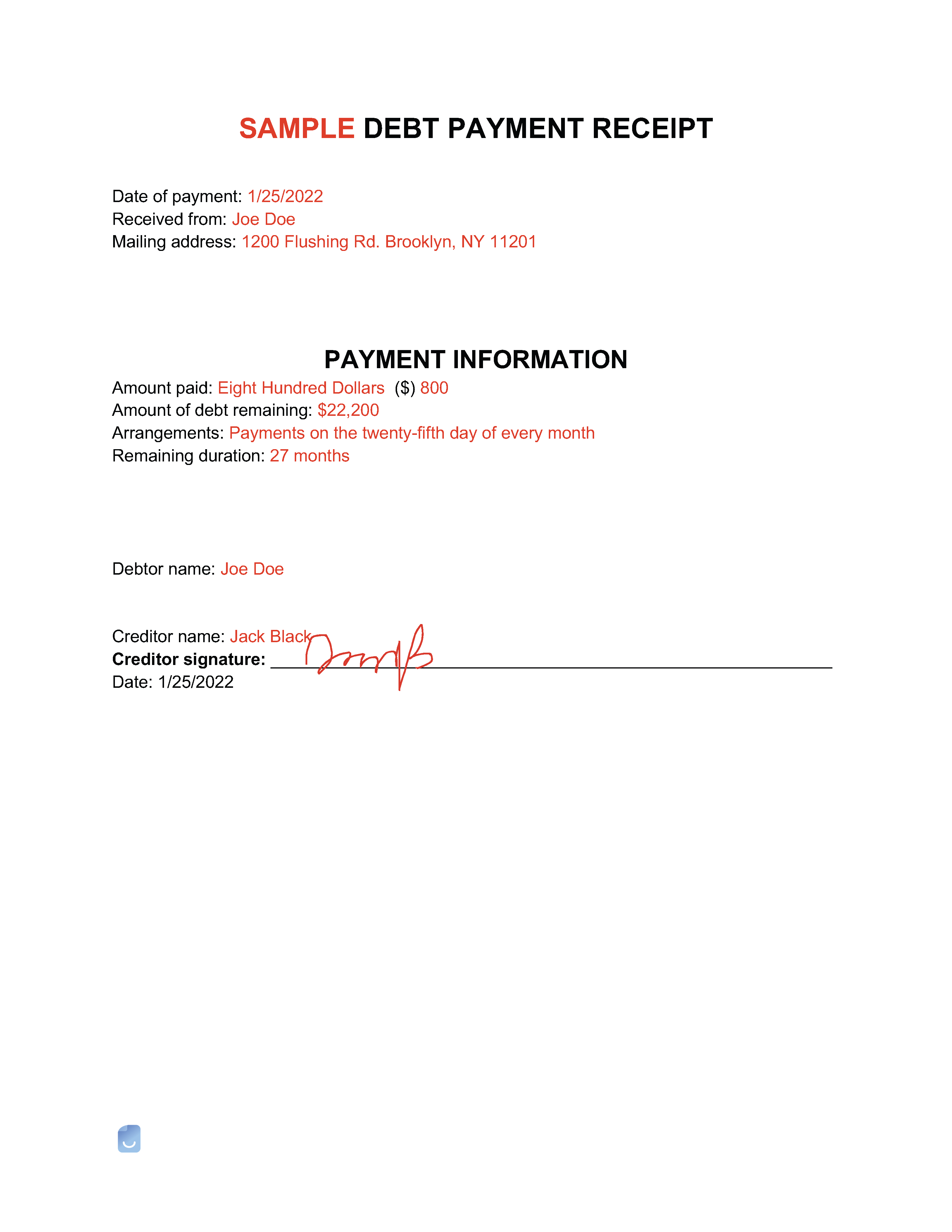 Debt Payment Receipt Template | Invoice Maker