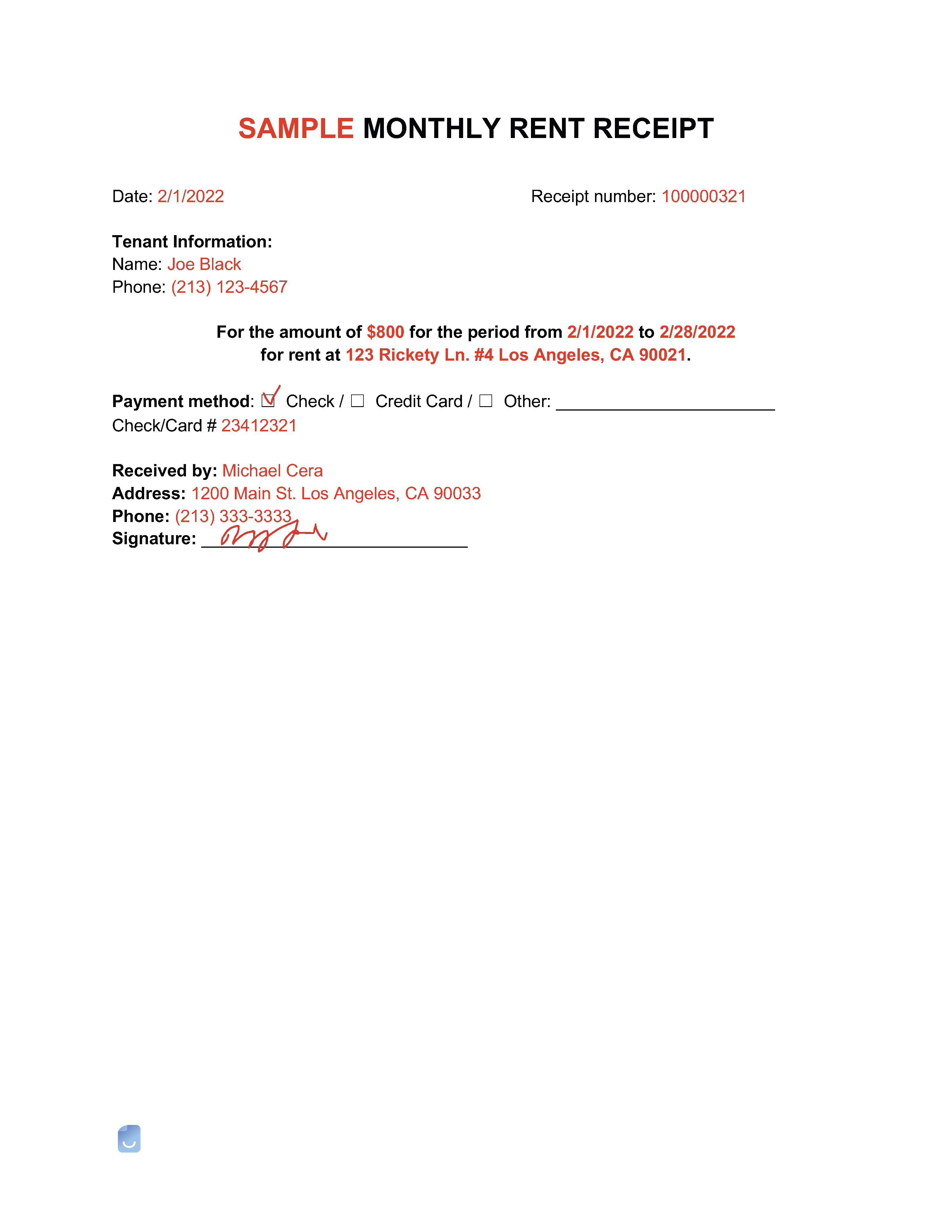 Monthly (Landlord) Receipt Template | Invoice Maker