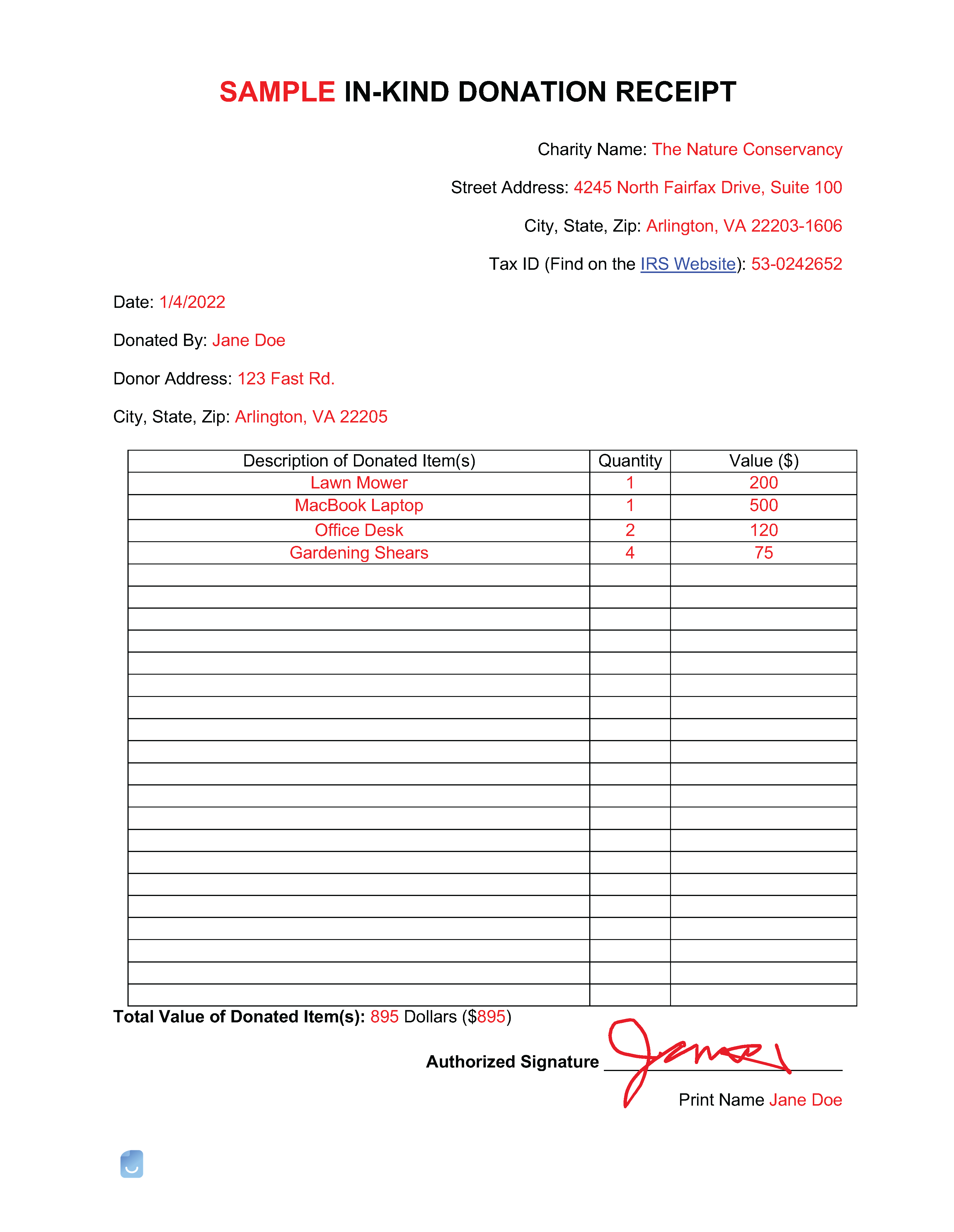 In-Kind Donation Receipt Template | Invoice Maker